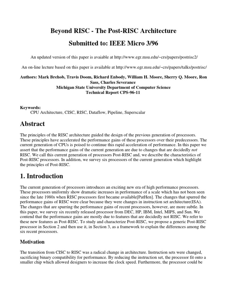 Beyond RISC - The Post-RISC Architecture Submitted To: IEEE Micro 3/96 | PDF | Cpu Cache ...
