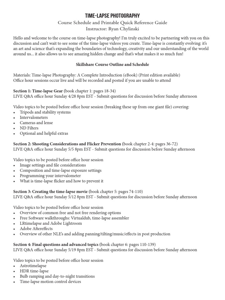 Time-Lapse Photography Skillshare Course Outline and Quick Prints | PDF ...