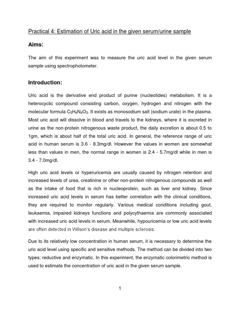 Estimation of Uric Acid Levels in Serum | PDF | Biochemistry | Chemistry