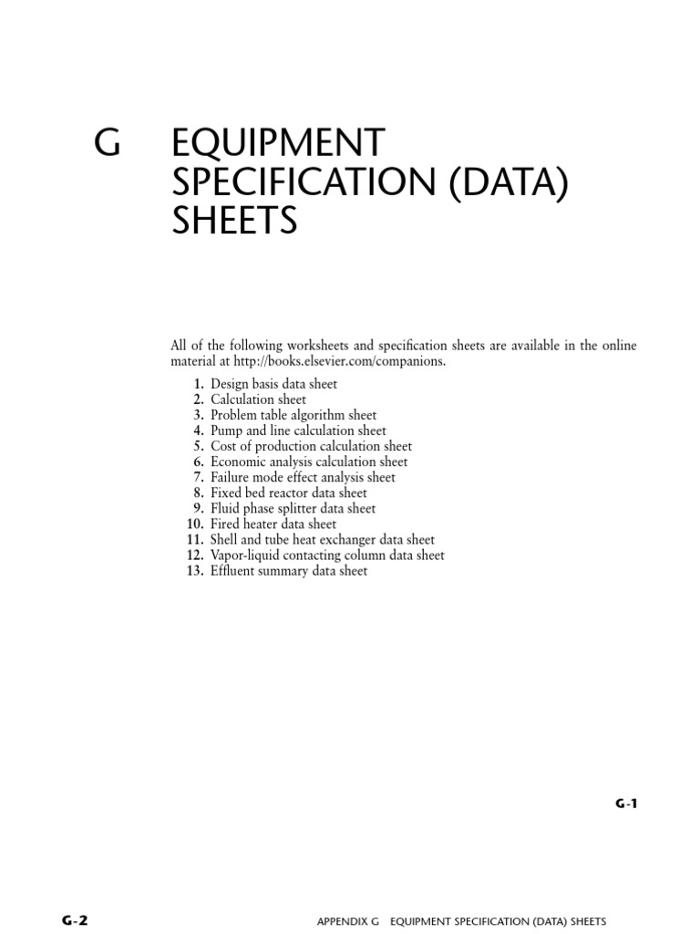 G Equipment Specification (Data) Sheets | PDF