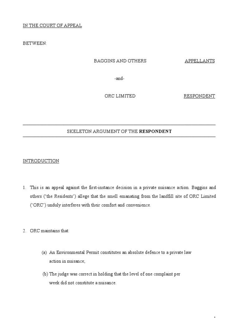 UKELA Junior Moot Respondent Skeleton | PDF | Nuisance | Odor
