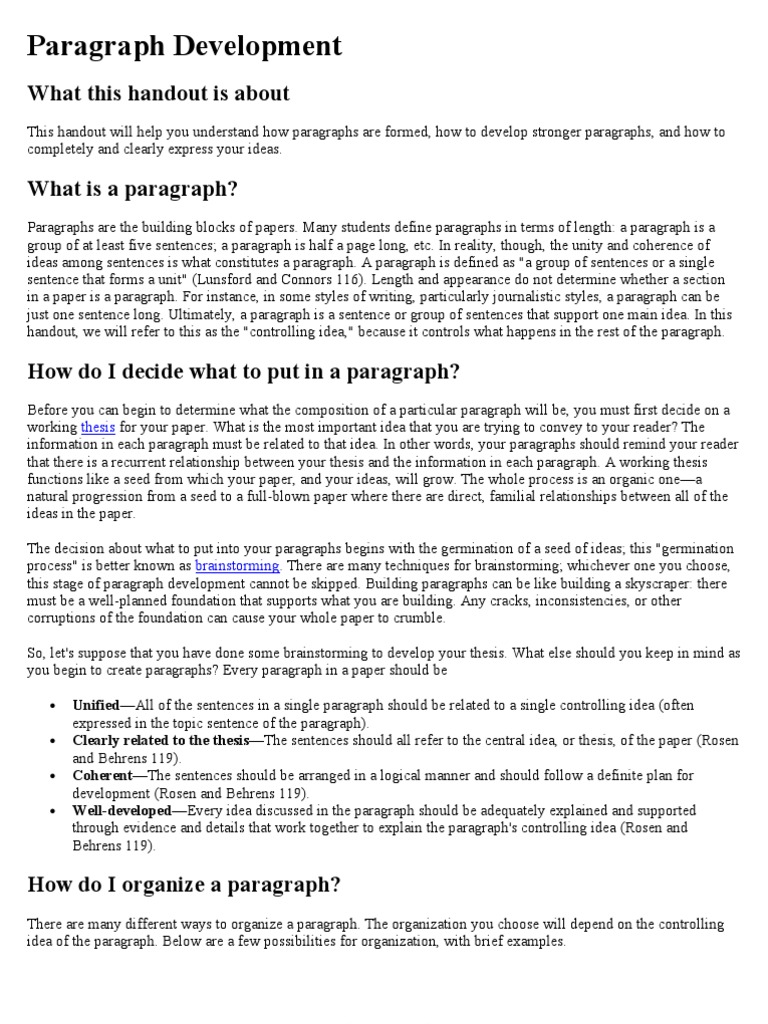 Paragraph Development | PDF | Paragraph | Sentence (Linguistics)