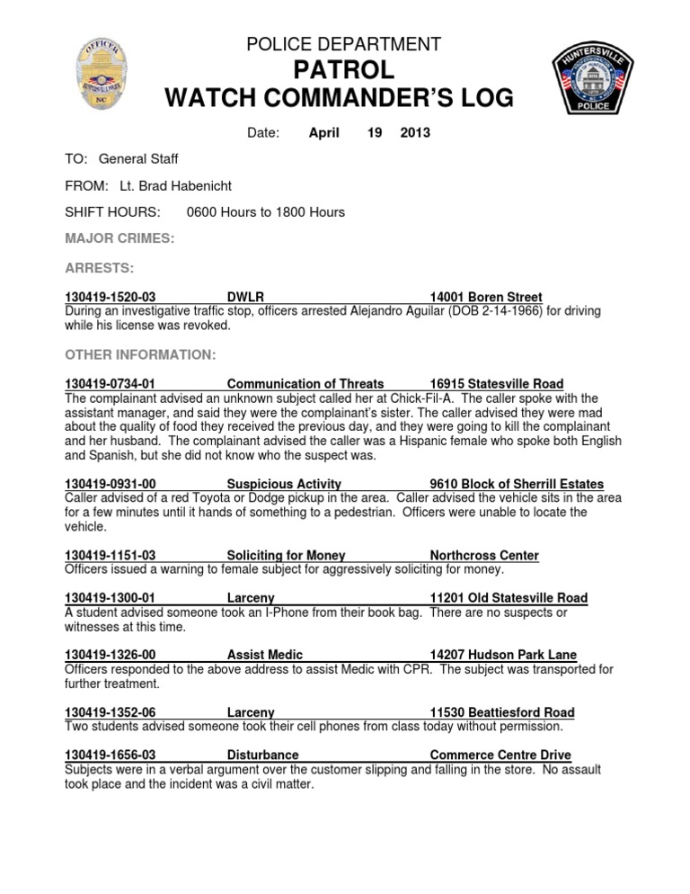 HPD Patrol Watch Log 4-19-13 Day | PDF