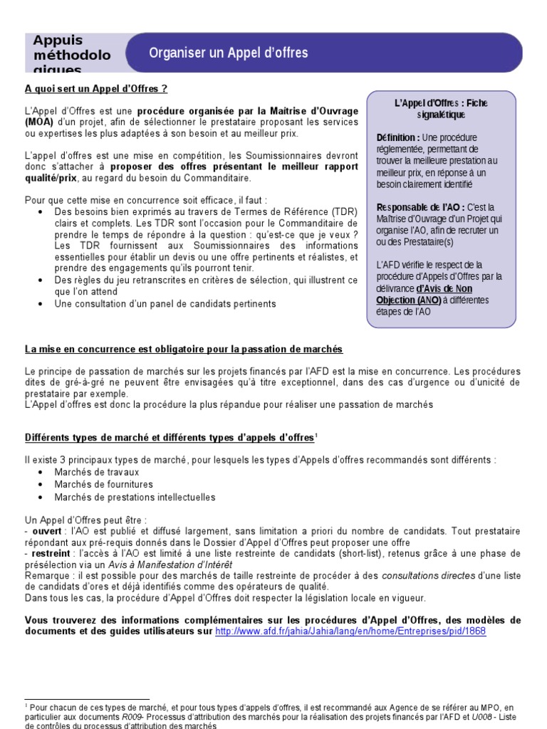 Organiser un Appel d’offres: Appuis méthodolo giques | Appel d'offres | Business