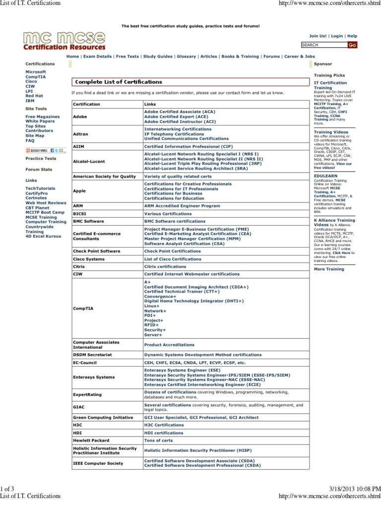 Complete List of Certifications | PDF | Comp Tia | System Administrator