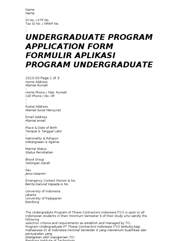 TCI Undergraduate Program Application Form | PDF | Career & Growth ...