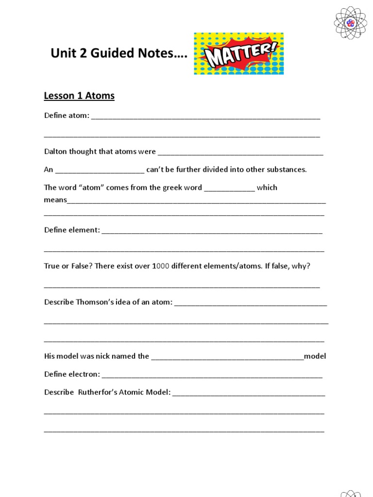 Physical Science Unit 2 Guided Notes | PDF | Atoms | Proton