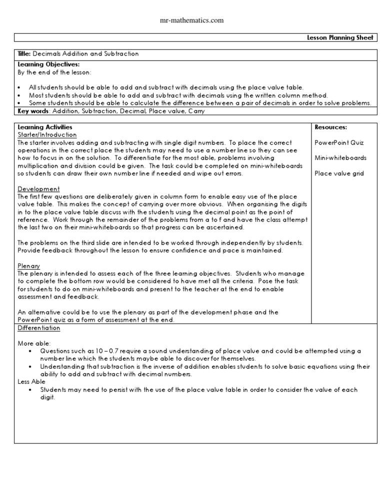 Lesson Plan Decimal Add | PDF | Subtraction | Lesson Plan