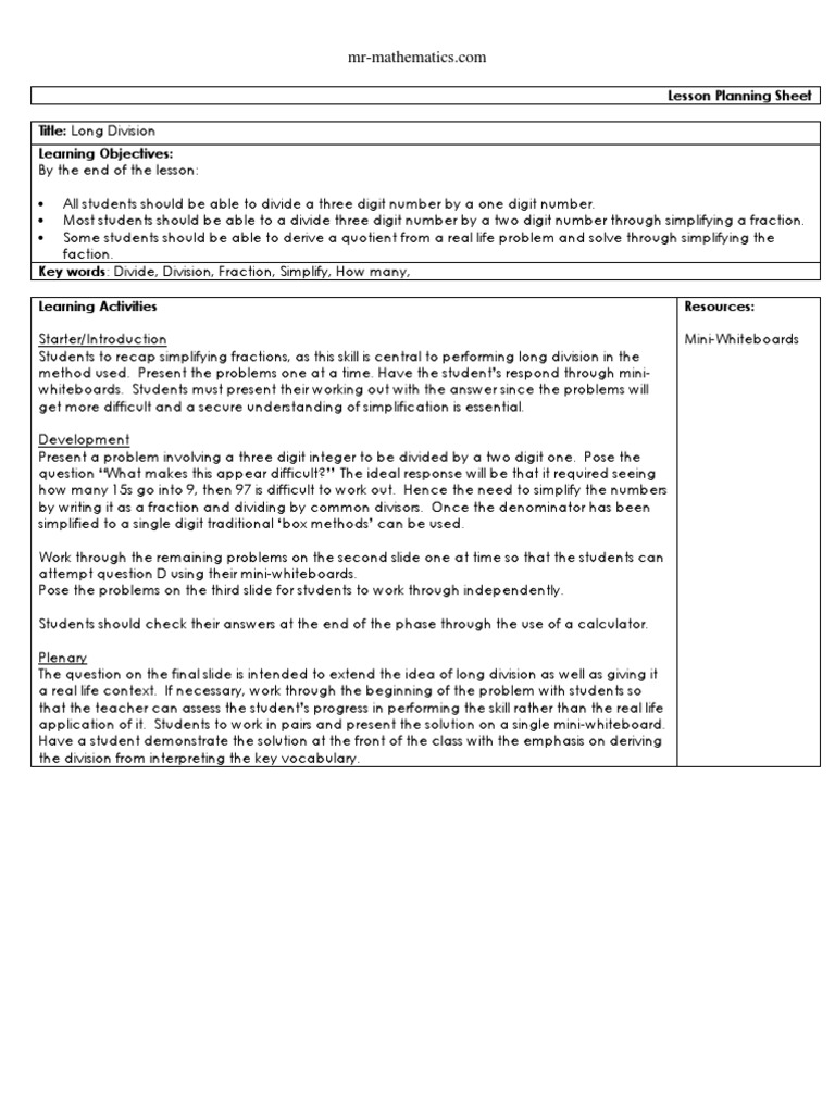 Long Division Lesson Plan | PDF | Division (Mathematics) | Fraction ...