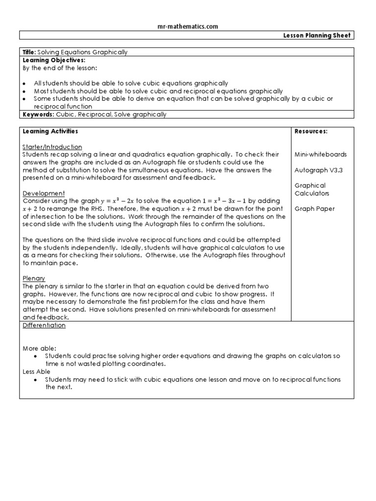 Lesson Planning Sheet Title: Solving Equations Graphically Learning ...