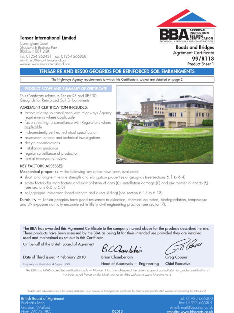 BBA Cert 99-R113 - Tensar RE and RE500 Geogrids For Reinforced Soil Embankments (Third Isuue ...