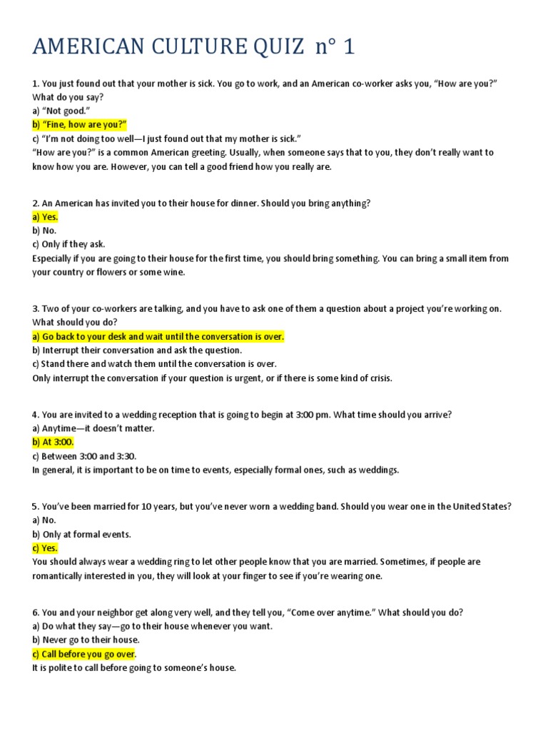 American Culture Quiz | PDF | Presidents Of The United States ...