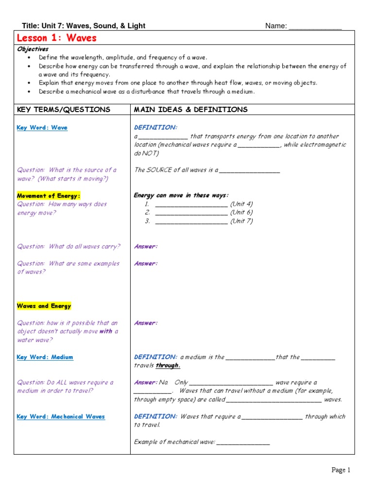 Unit 7 Guided Notes | PDF | Waves | Light