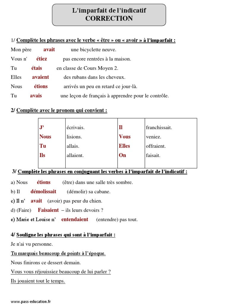 Correction Imparfait - Cm1 - Exercices Corrigés - Conjugaison - Cycle 3 1 | PDF