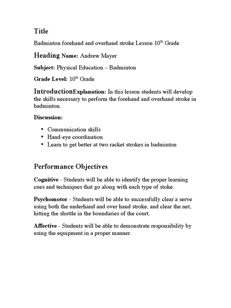 Badminton Lesson Plan High School | PDF | Cognition | Psychological ...