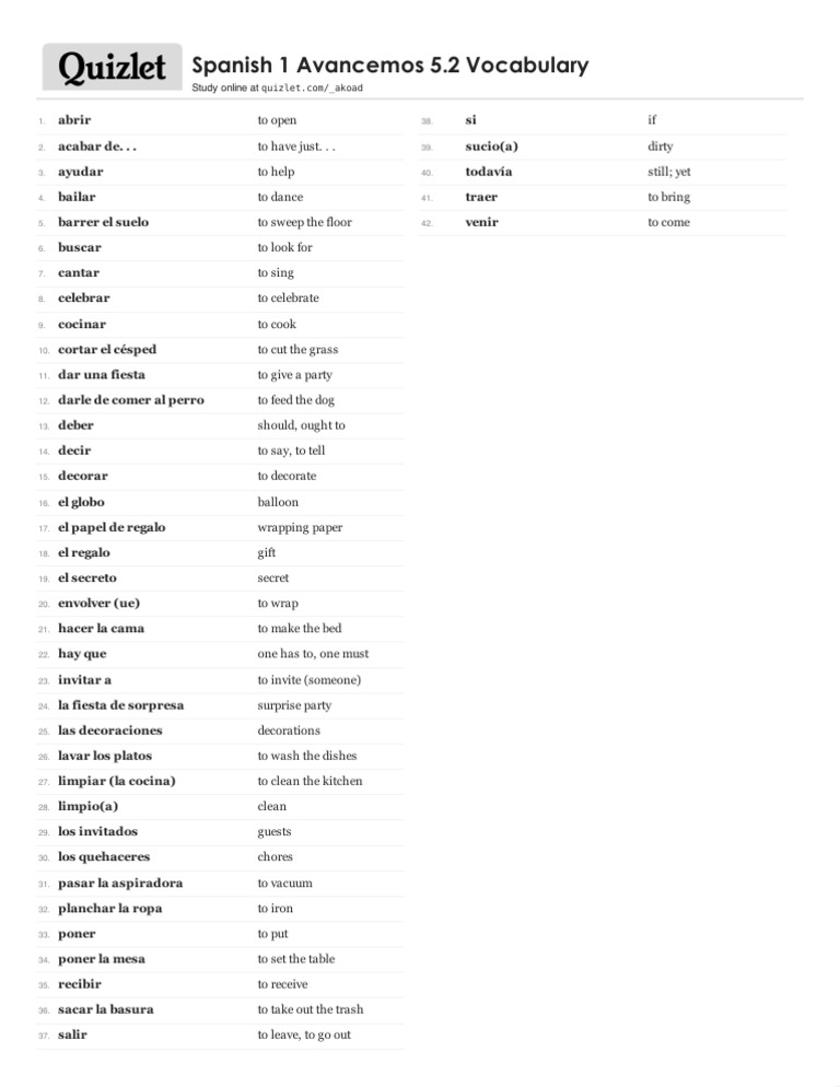 Spanish 1 Avancemos 5.2 Vocabulario | PDF