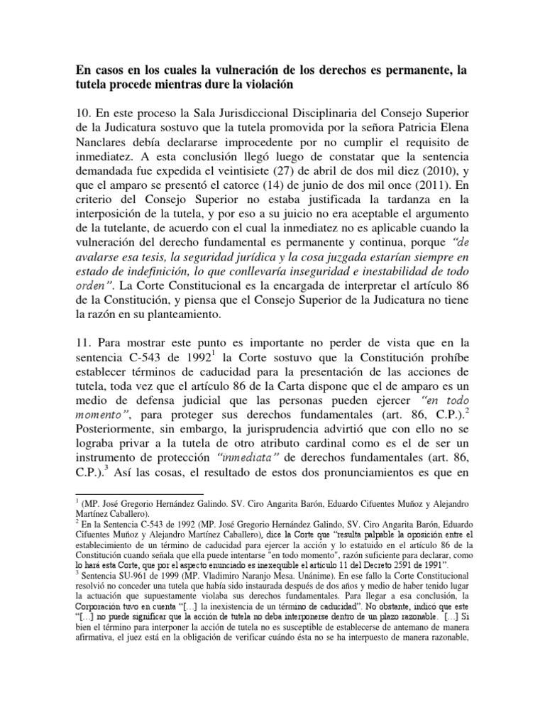 En Casos en Los Cuales La Vulneración de Los Derechos Es Permanente | PDF | Caso de ley ...