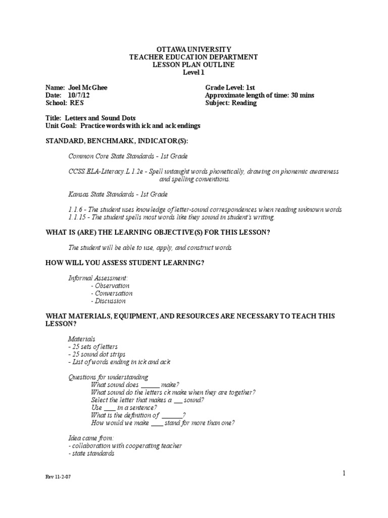 Lesson Plan Phonics Phonics Lesson Plan