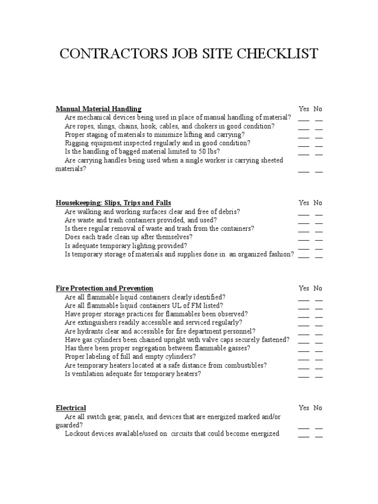 Contractors Job Site Checklist | PDF | Elevator | Scaffolding