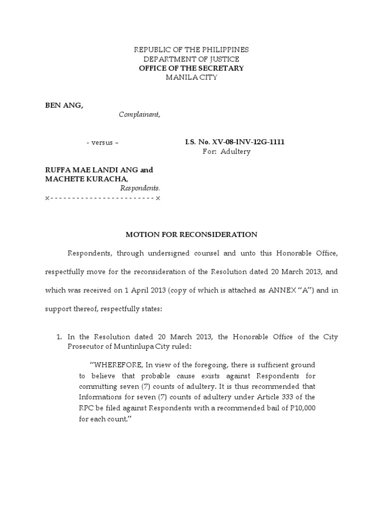 Motion for Reconsideration in Adultery Case | PDF | Evidence | Criminal Law