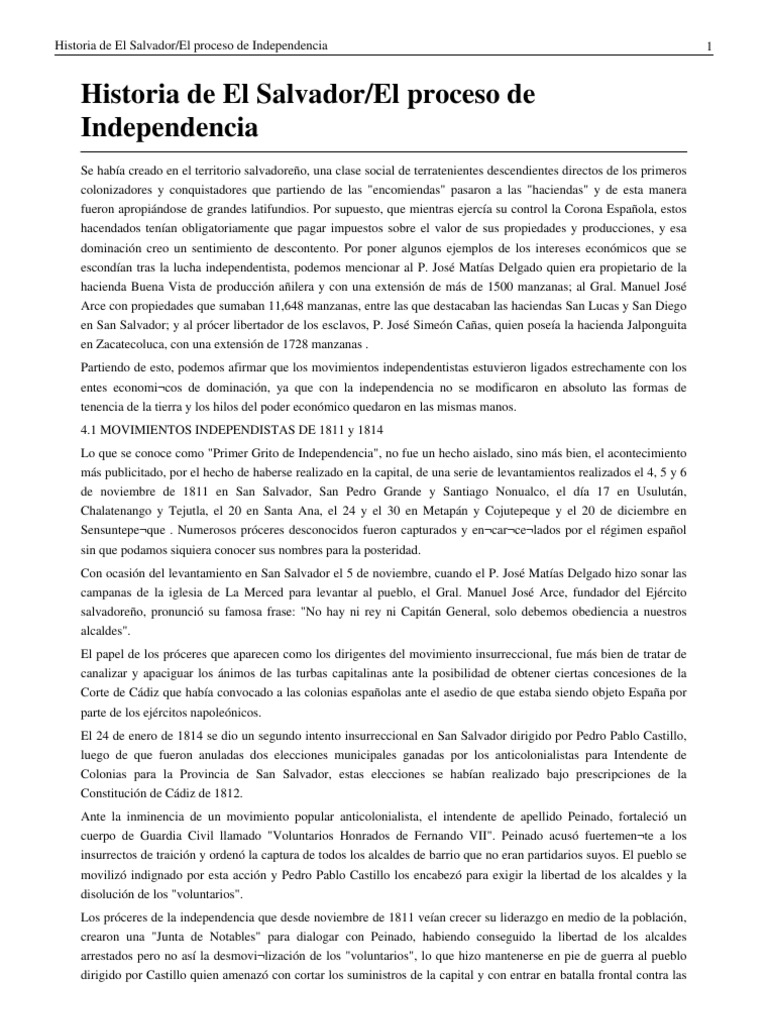 Historia de El Salvador - El Proceso de Independencia PDF | PDF | El ...