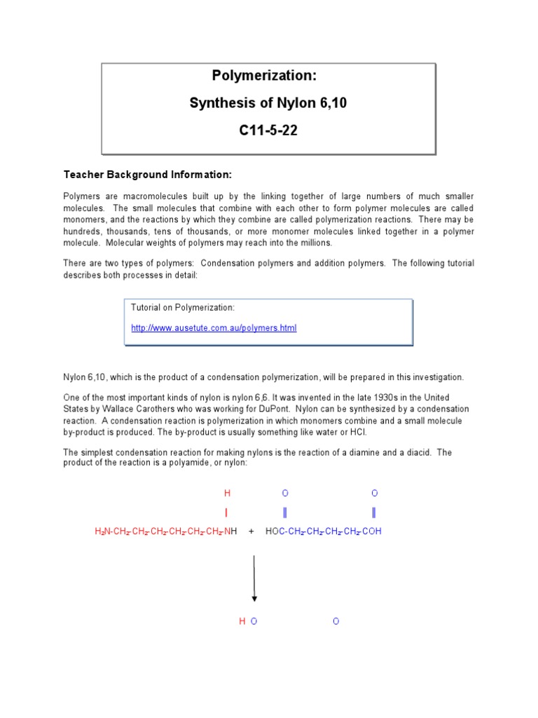 Polymerization Synthesis of Nylon 6,10 C11!5!22 | PDF | Nylon | Amine