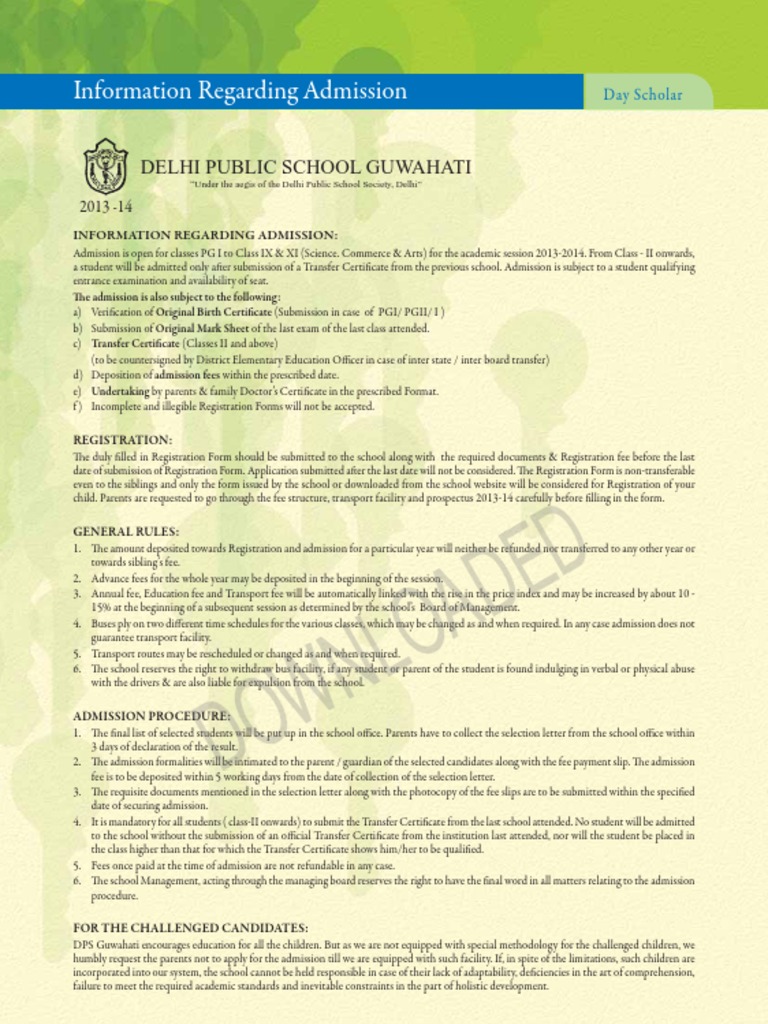 Delhi Public School Admission Form Forms - Day Scholars (PG I To Ix ...