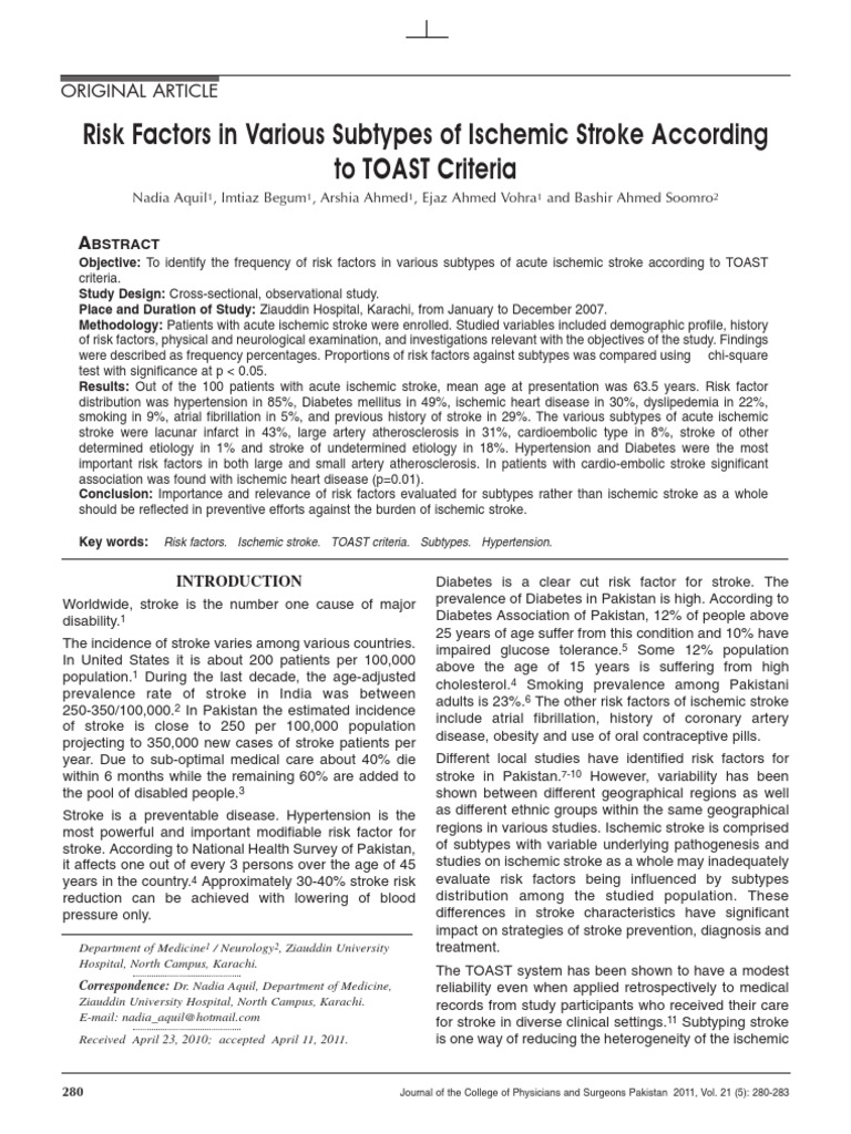Toast Criteria | Stroke | Coronary Artery Disease