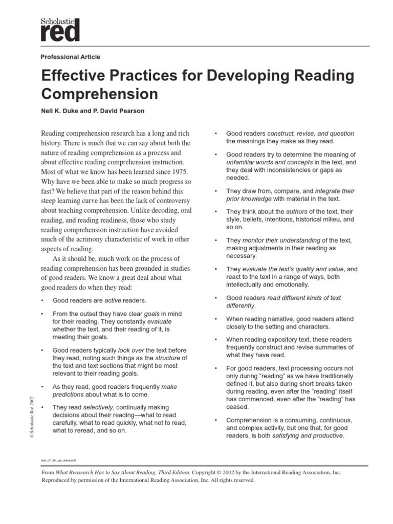 Duke, Pearson. Reading Comprehension Practices | PDF | Reading ...