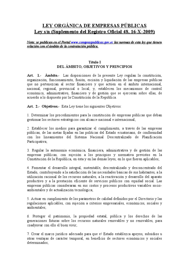 Ley Empresas Públicas Ecuador 2009 | PDF | Empresa de propiedad estatal ...