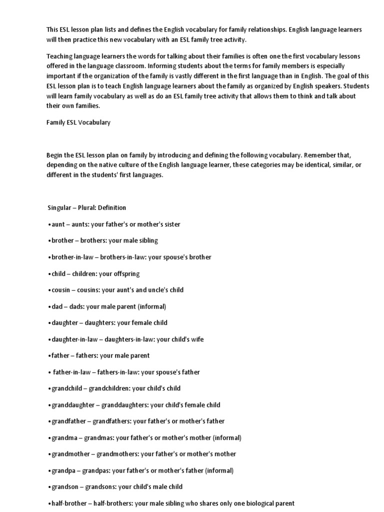 This ESL Lesson Plan Lists and Defines The English Vocabulary For ...