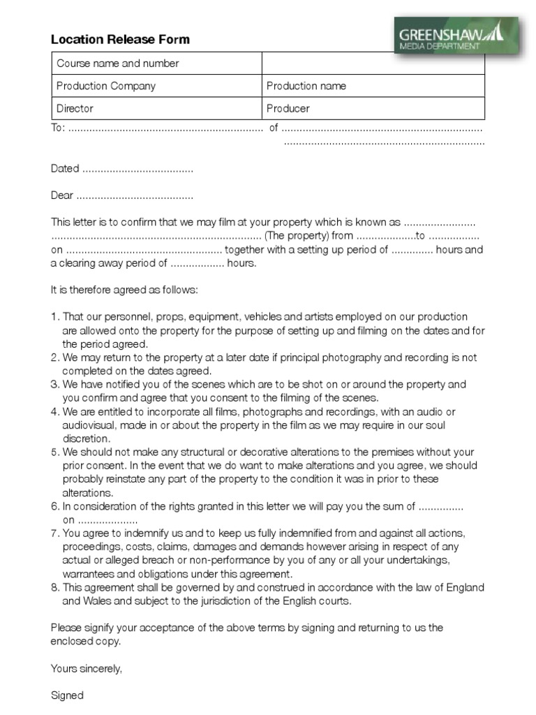Location Release Form PDF | PDF | Civil Law (Legal System) | Common Law