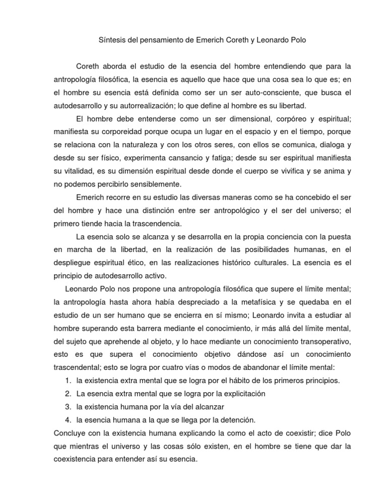 Síntesis Del Pensamiento de Emerich Coreth y Leonardo Polo | PDF