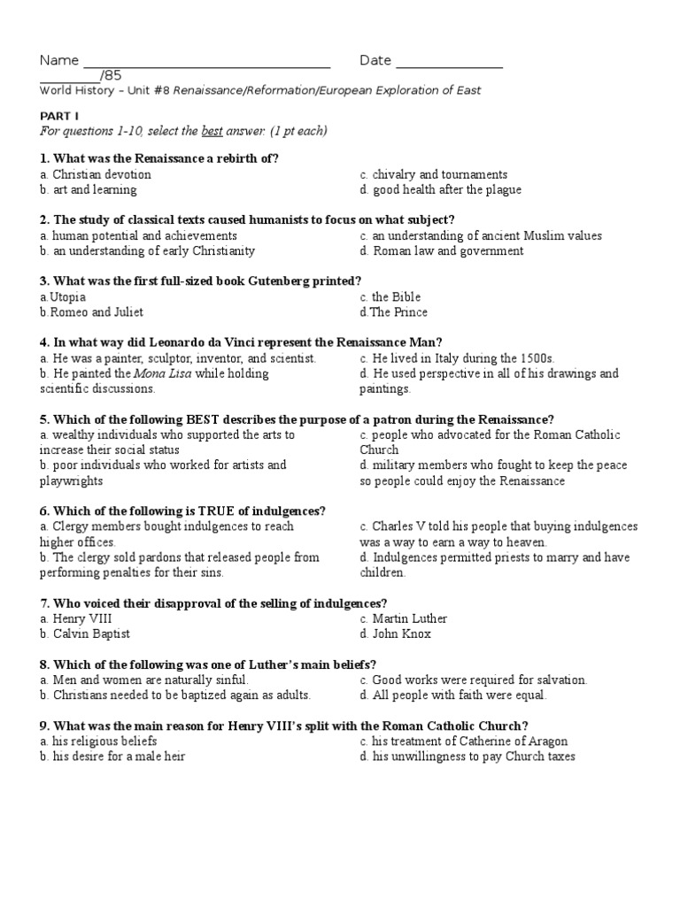 Unit 8 Test Renaissance Ref Scientific Rev | PDF | Protestant ...