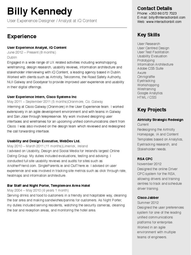Billy Kennedy Resume / CV | PDF | User Experience | Usability