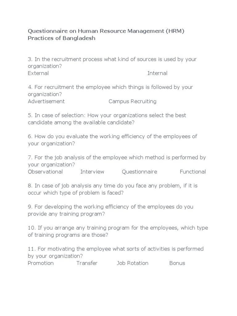 Questionnaire On Human Resource Management | PDF