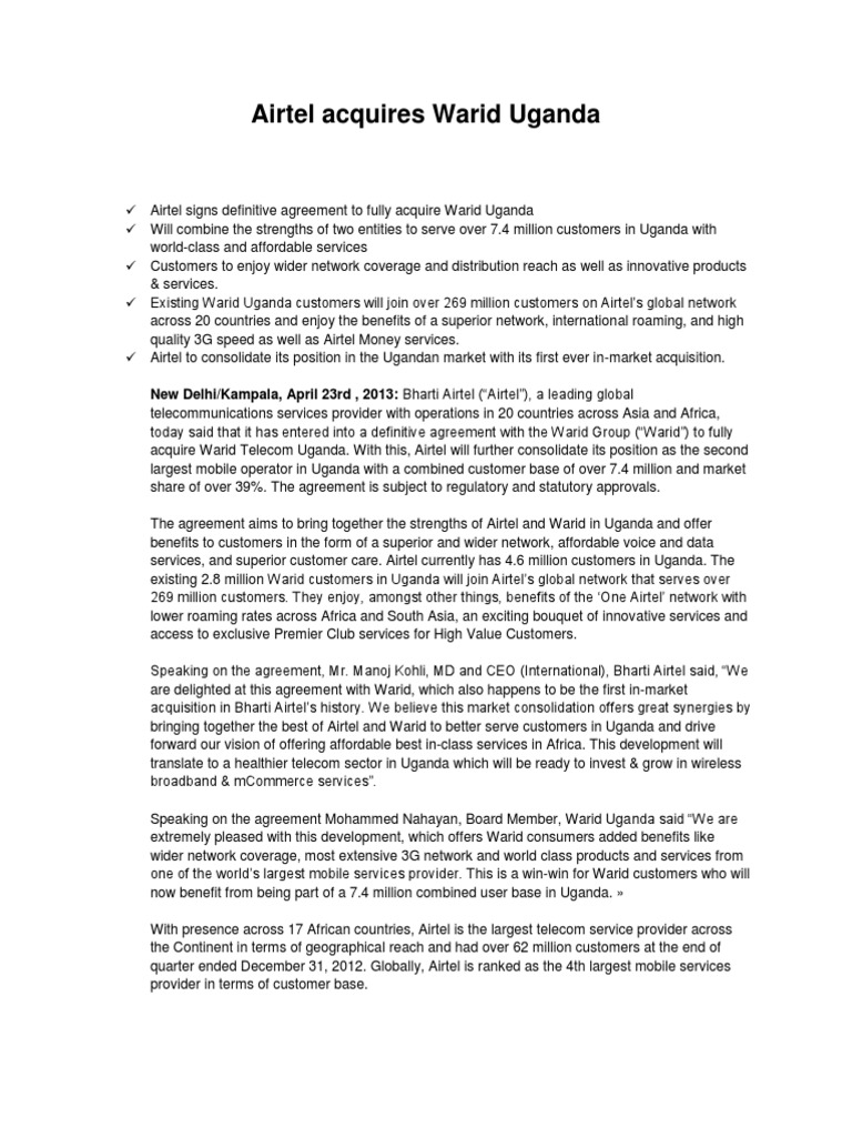 Airtel Acquires Warid Uganda Pdf Telecommunications Networks