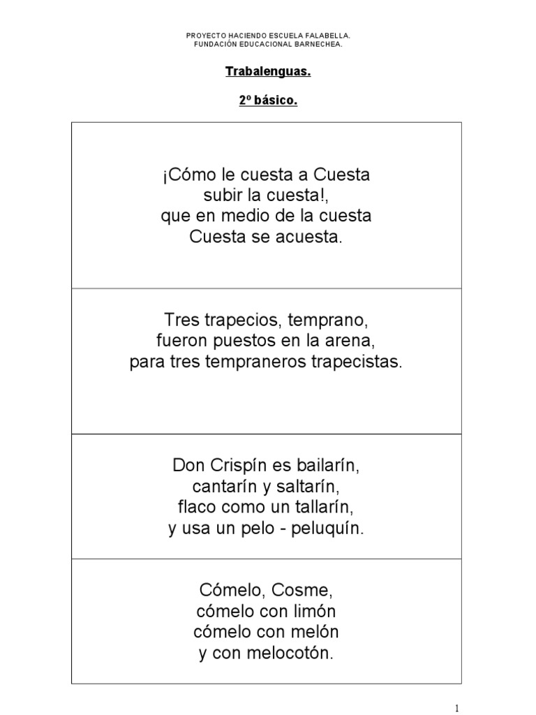 Trabalenguas para Niños de 2º Básico | PDF