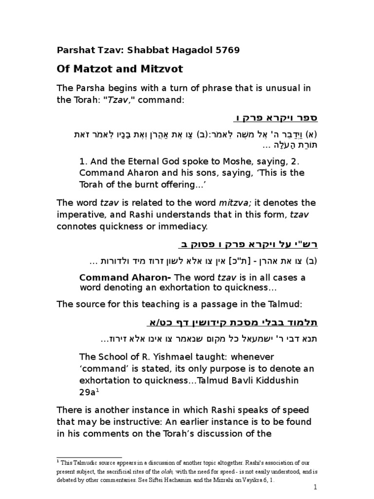 Matzot and Mitzvot: Insights from Tzav | PDF