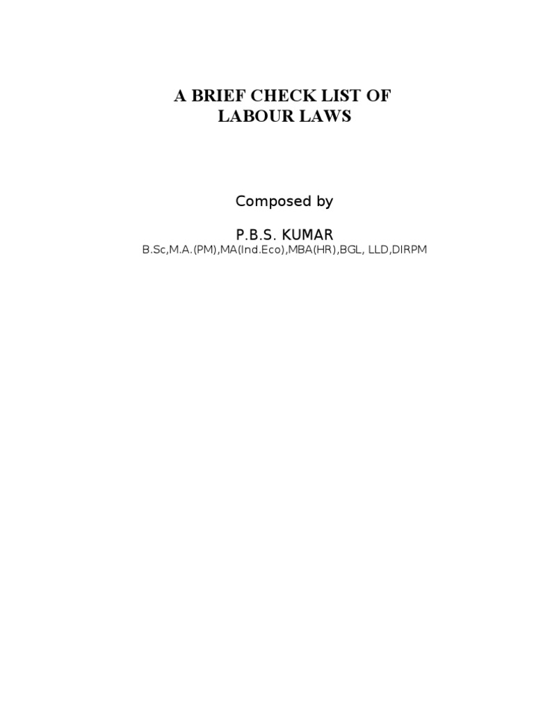 A Brief Check List of Labour Laws: Composed by P.B.S. Kumar | PDF ...