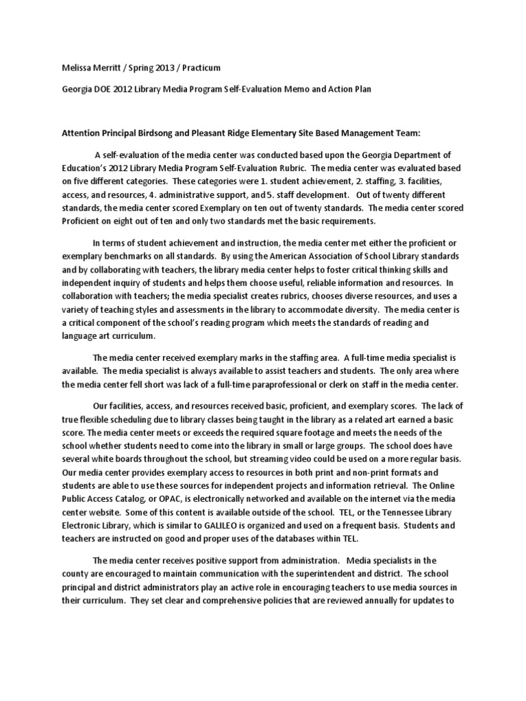 Melissa Merritt - Self Evaluation Memo and Action Plan | PDF | School ...