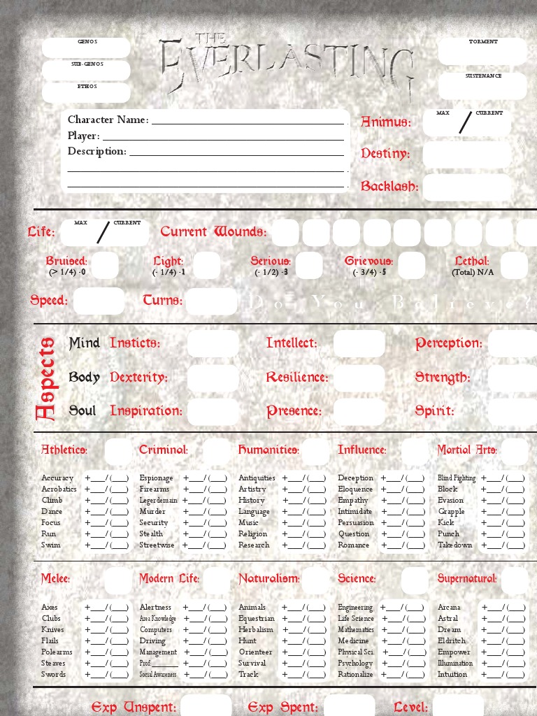 Everlasting Character Sheet | PDF | Science | Science (General)