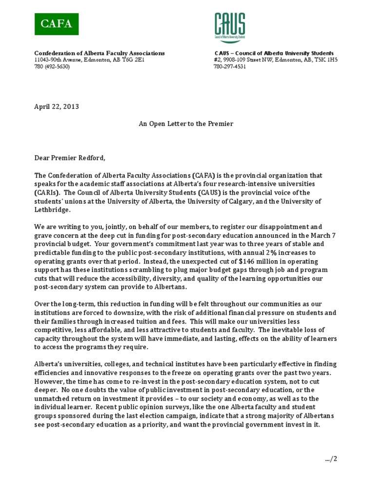 Open Letter To Premier Redford, April, 2013 | PDF | Alberta | Economies