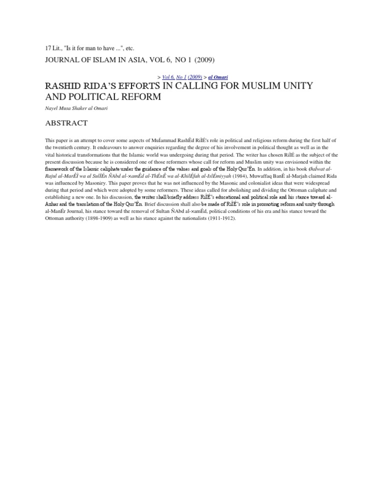 Rashid Rida: Unity & Reform | PDF