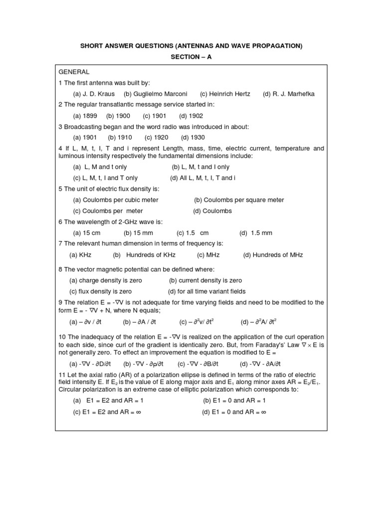 Antenna and Wave Propagation Quiz | PDF | Antenna (Radio ...