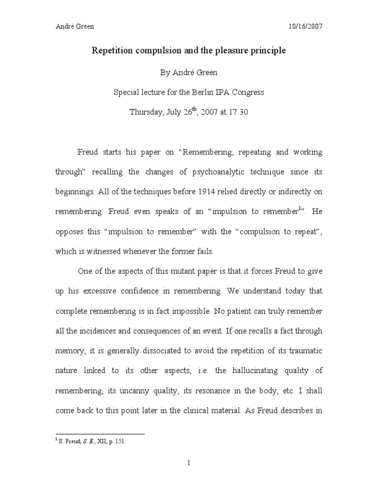 A Green - Repetition Compulsion and The Pleasure Principle | PDF | Id ...
