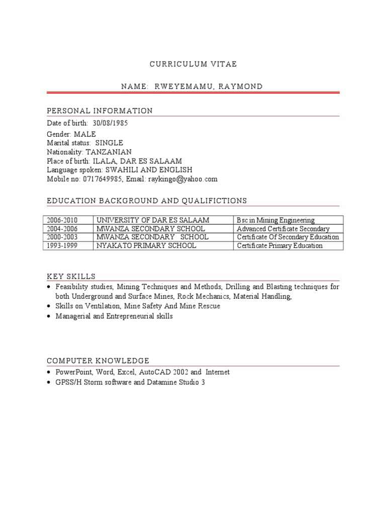 210311081143rays New Curriculum Vitae | PDF | Tanzania | Mining