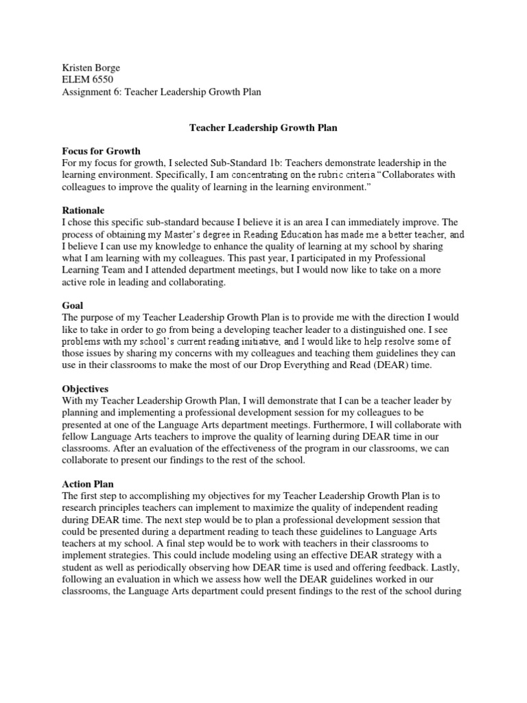 Teacher Leadership Growth Plan for DEAR | PDF | Teachers | Reading ...