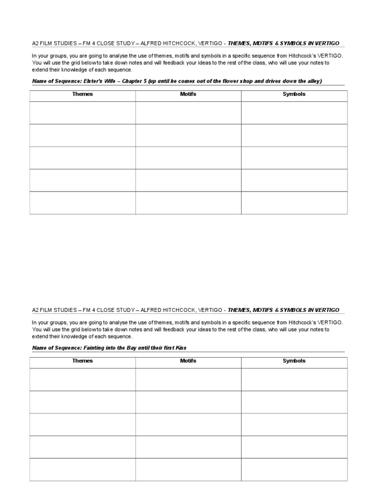 Vertigo - Lesson 4 - Themes, Symbols, Motifs - Group Analysis Grids ...