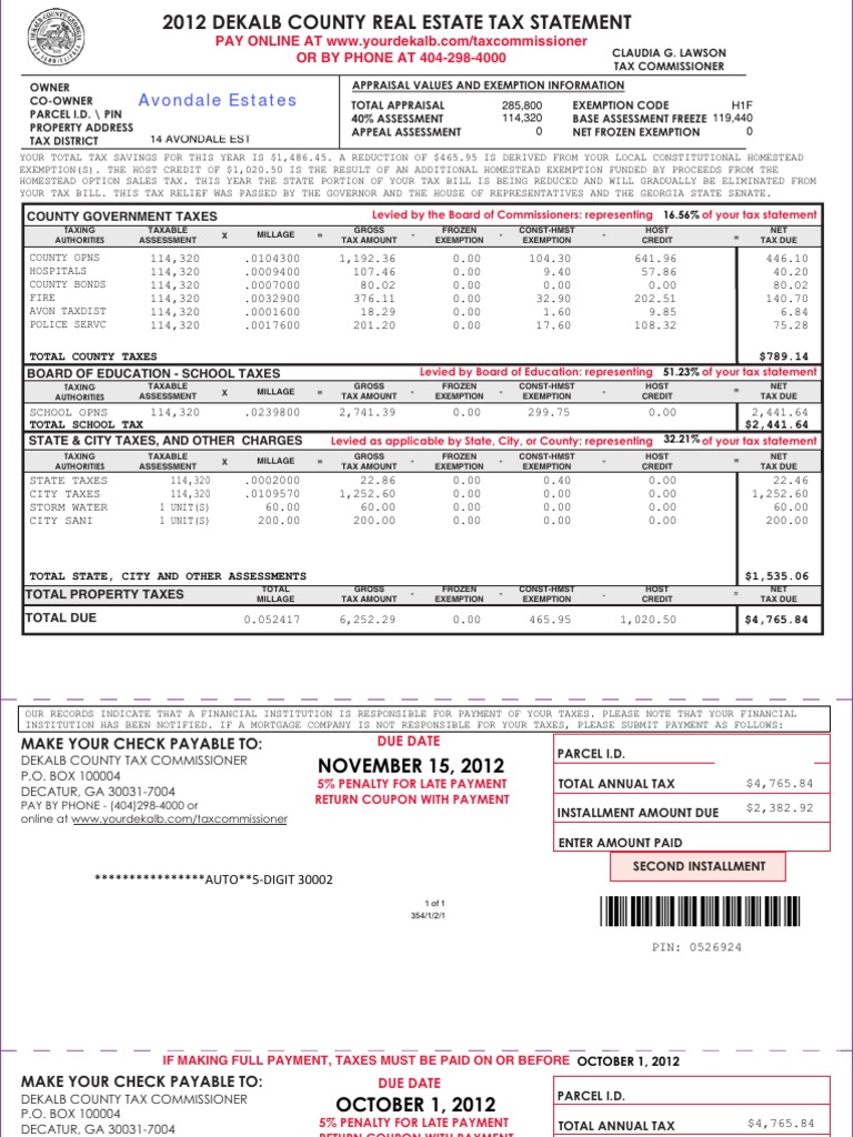 DeKalb Co Sample RE Tax Statements | PDF | Property Tax | Tax Exemption